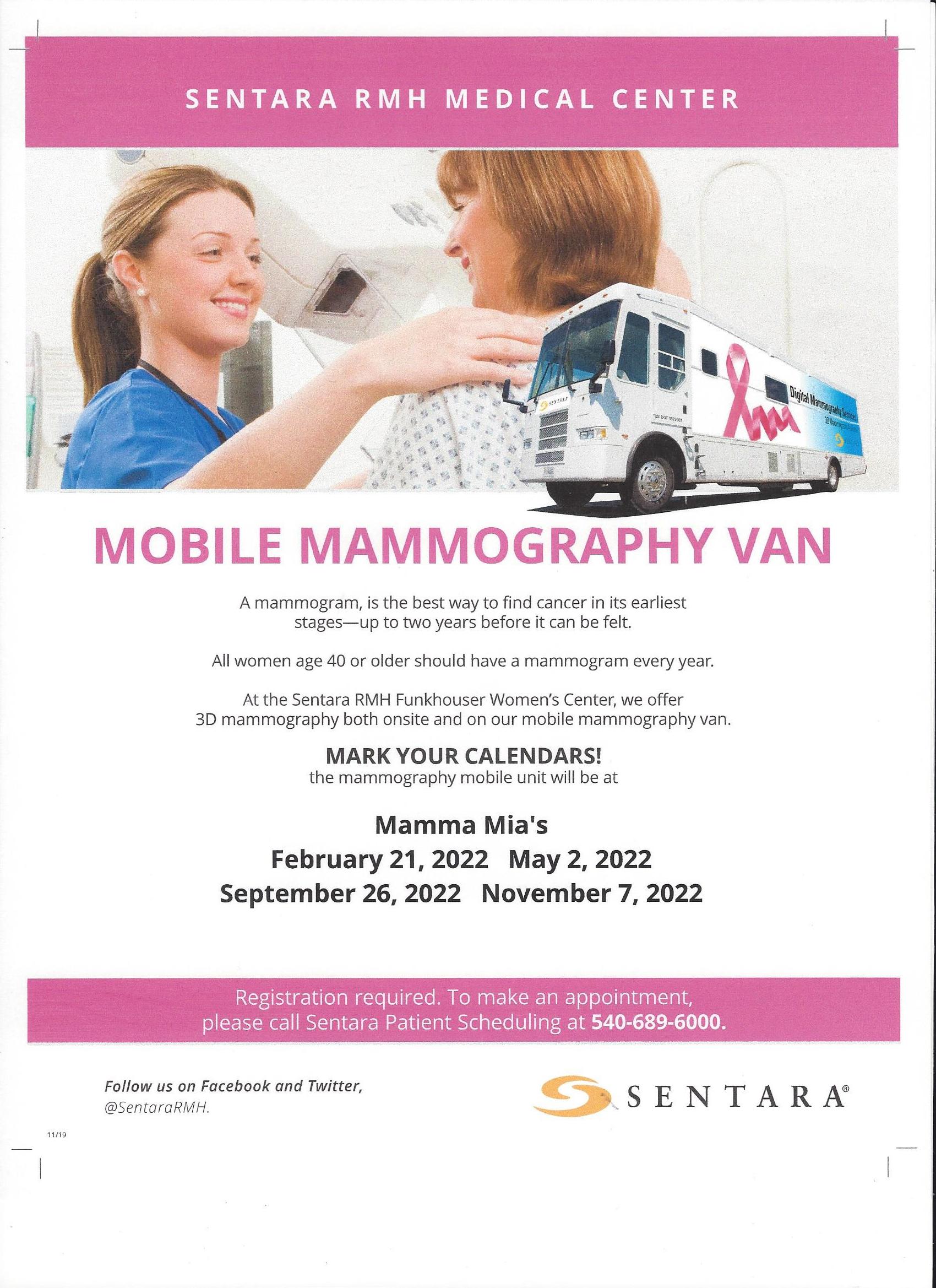 Mobile Mammography Van at Mamma Mia's Parking Lot | Shenandoah Virginia